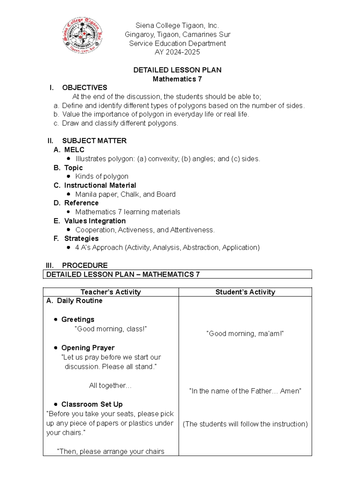 Mathematics 7 Detailed Lesson Plan: Understanding Polygons - Studocu