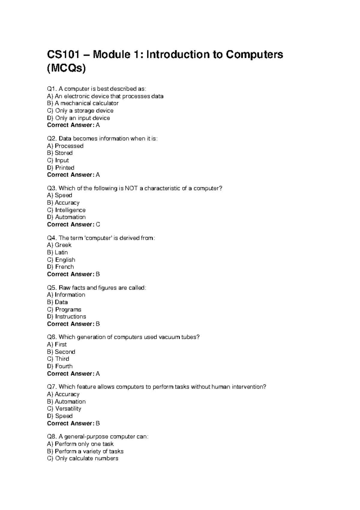 CS101 Module 1: Intro to Computers MCQs and Answers - Studocu
