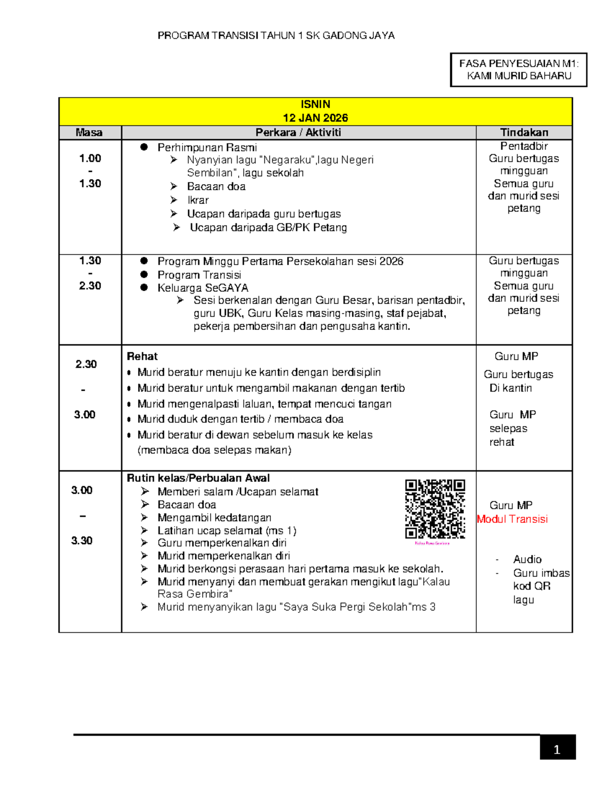 PROGRAM TRANSISI TAHUN 1 SK GADONG JAYA 2026: FASA PENYESUAIAN MINGGU 1 ...