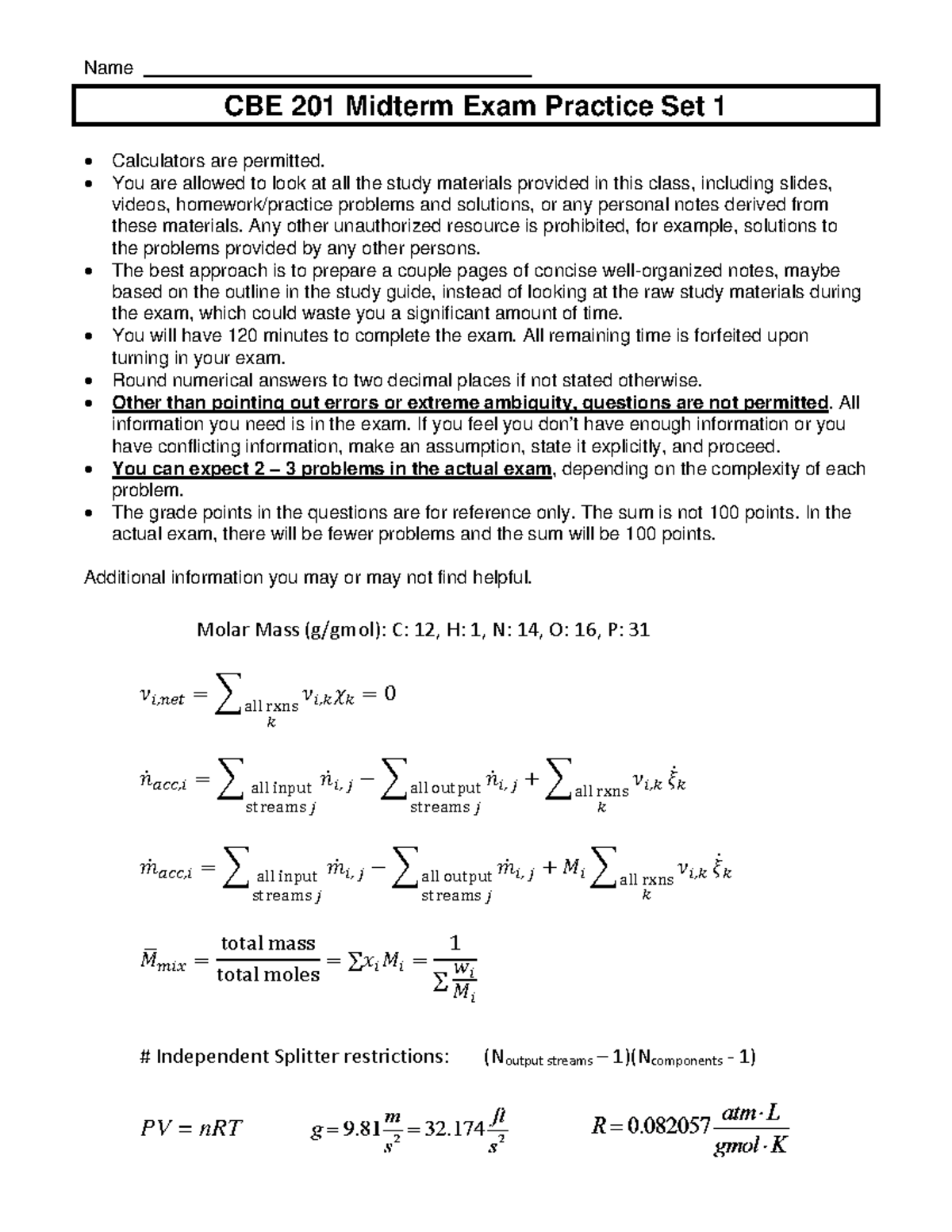 CBE 201 Midterm Exam Practice Set 1: Comprehensive Review Guide - Studocu