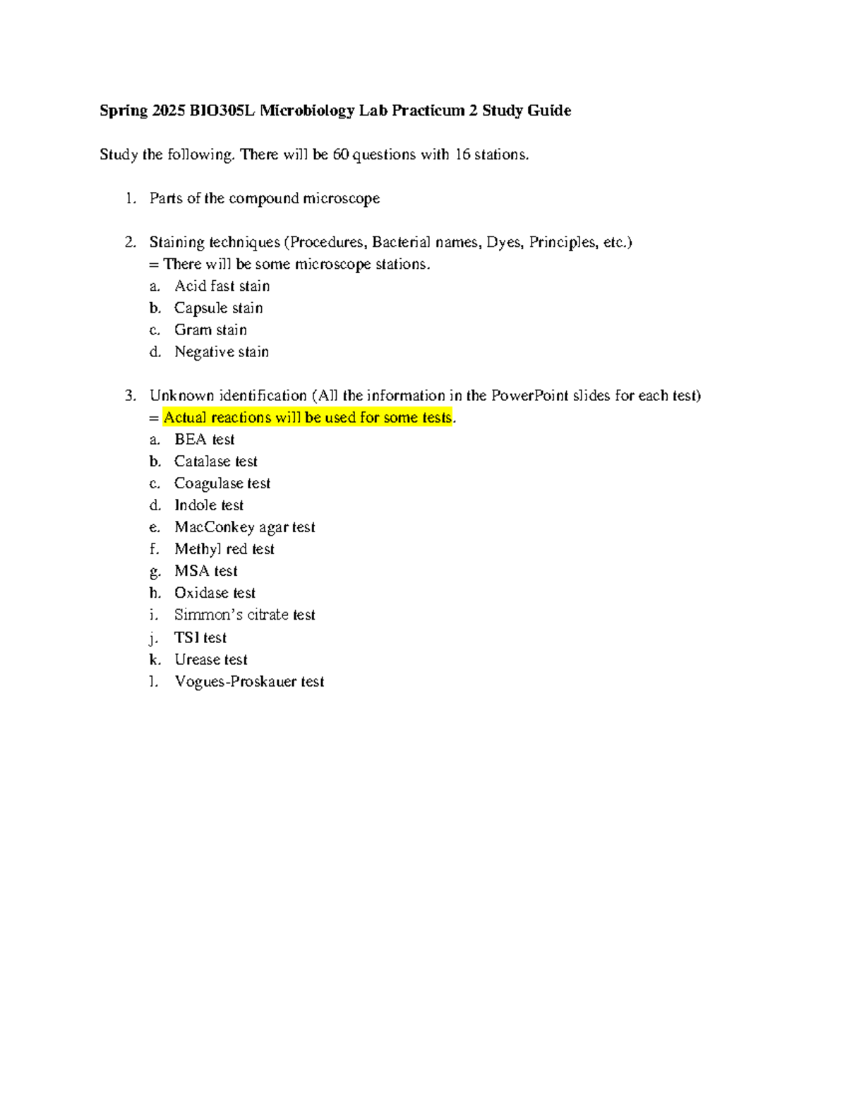 SP25 Lab Practicum 2 Study Guide - Spring 2025 BIO305L Microbiology Lab ...
