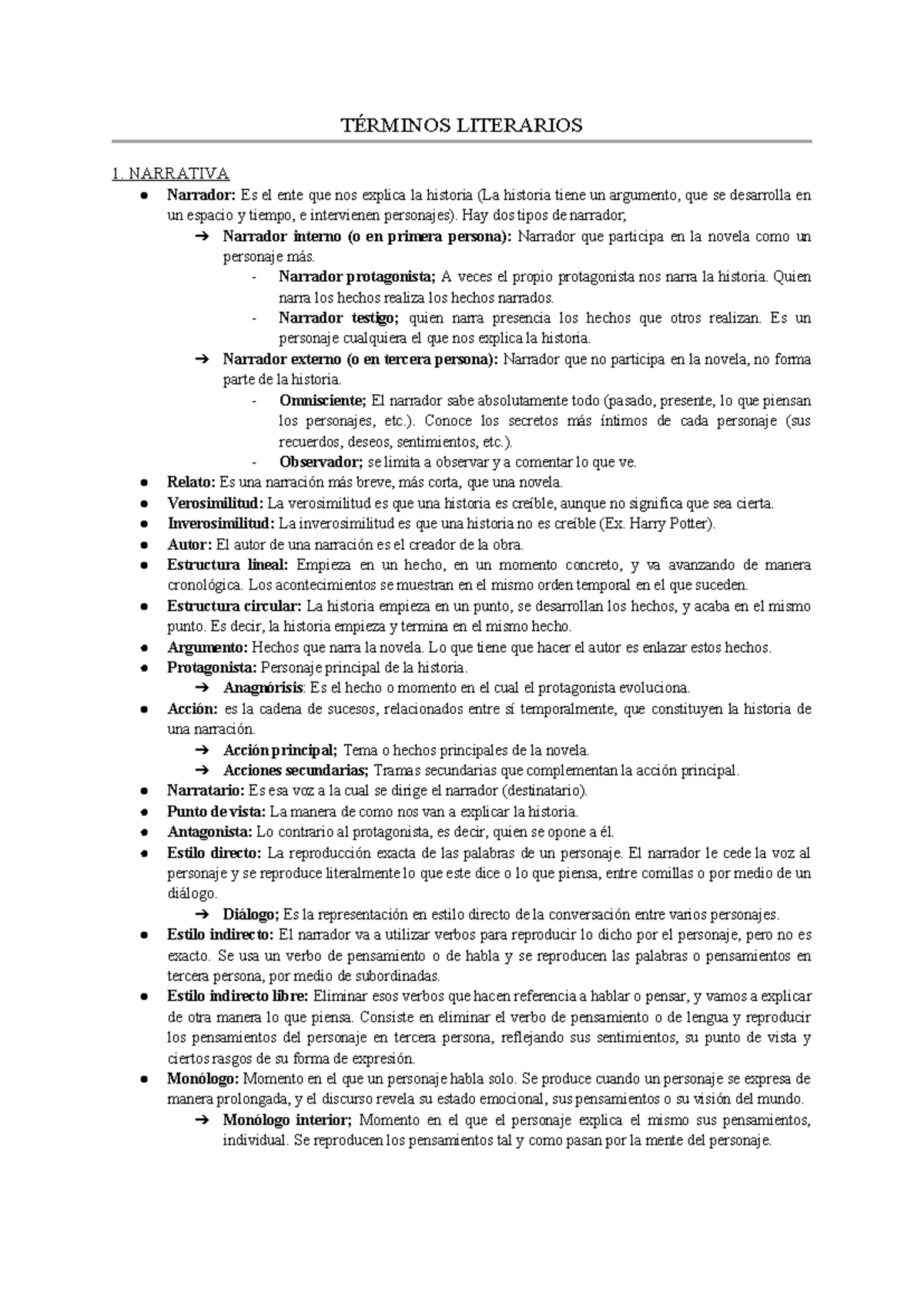 Términos Literarios 1: Narrativa y Poesía - Apuntes - Studocu