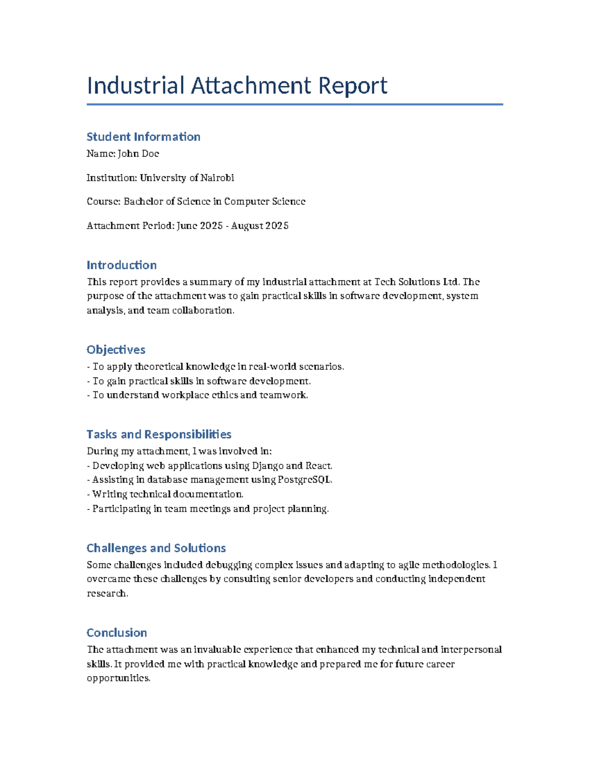 Industrial Attachment Report: BSc Computer Science at Tech Solutions ...