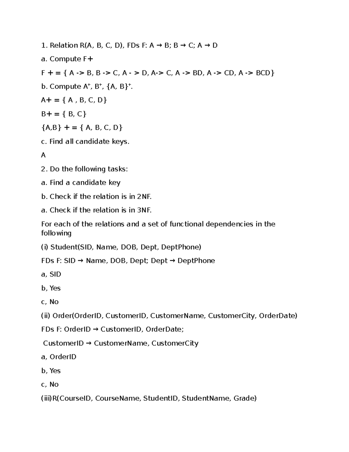 Normalization Exercise: FDs, Candidate Keys & 2NF/3NF Analysis - Studocu