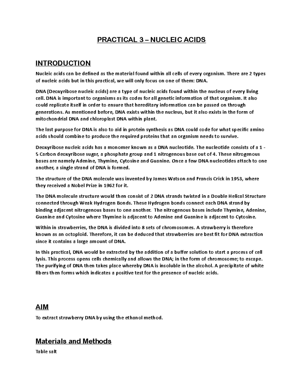 Practical 3 - Extraction of Strawberry DNA: A Detailed Lab Report - Studocu