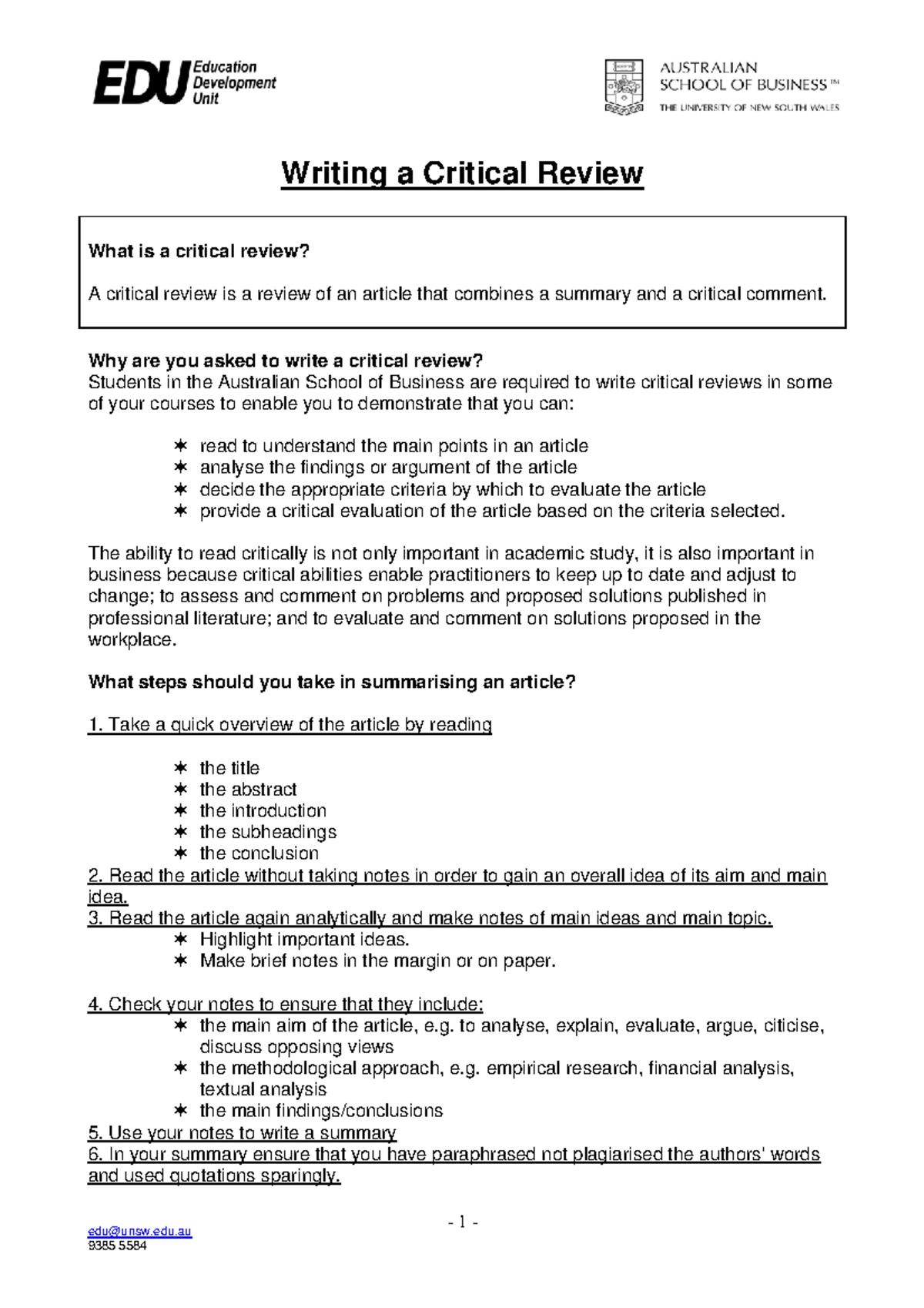 Critical Review Guidelines for Australian School of Business Courses ...