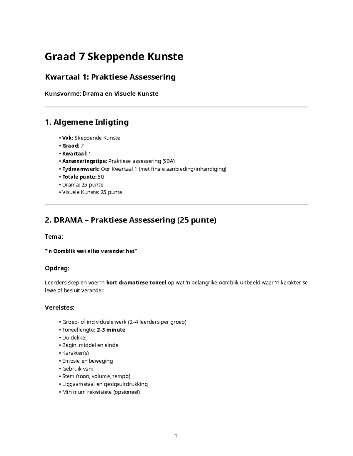 Graad 7 Skeppende Kunste Kwartaal 1: Praktiese Assessering Drama ...