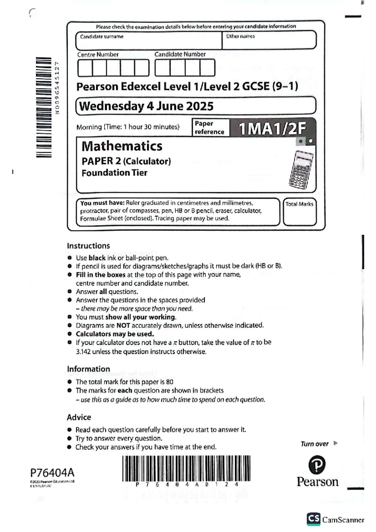 Calculator Paper 2 (Foundation Tier) - GCSE Mathematics 2025 - Studocu