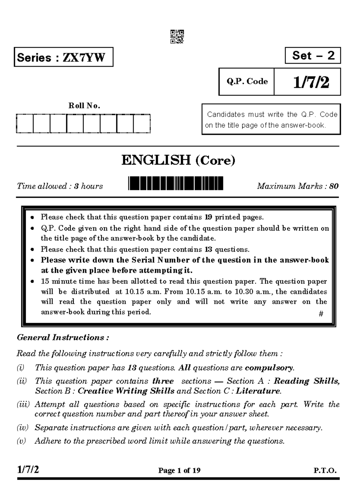 1-7-2 English Core - Set Series Q.P. Code Roll No. 2 Exam Paper - Studocu