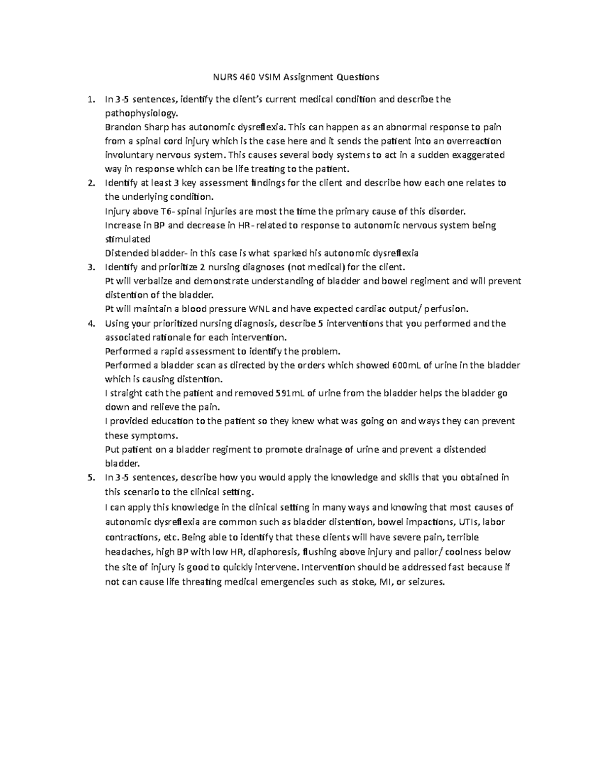 NURS 460 VSIM: Brandon Sharp Case Study & Guidance Questions - Studocu