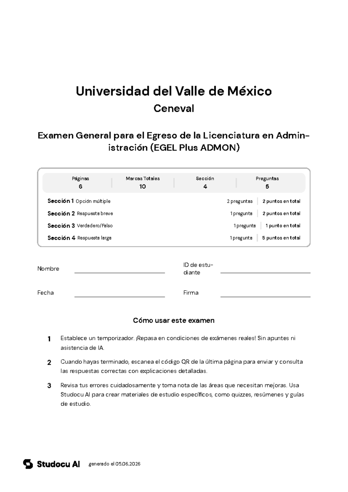 Examen General EGEL Plus ADMON - Administración - Studocu