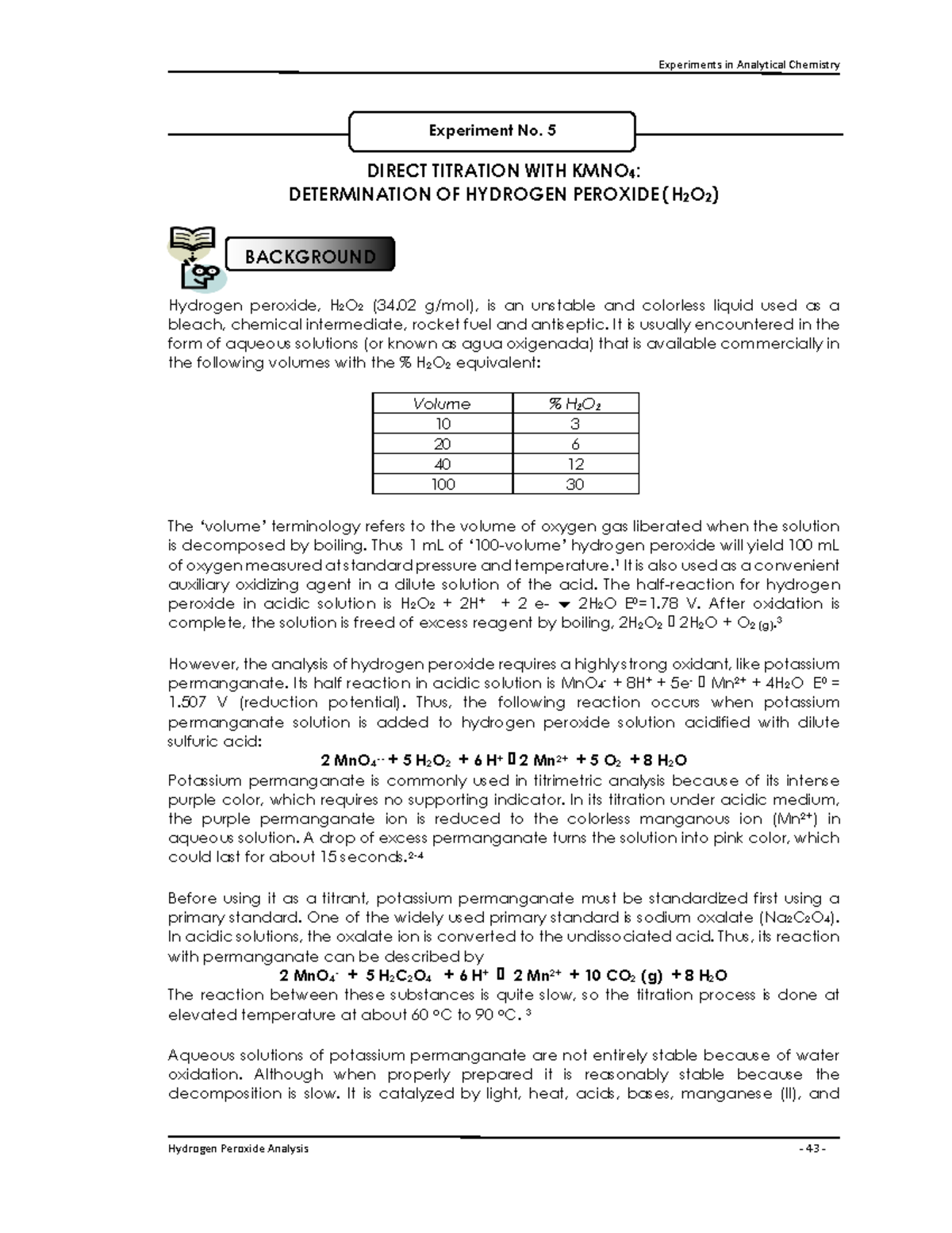 Experiment 5: Analysis of Hydrogen Peroxide via Redox Titration - Studocu