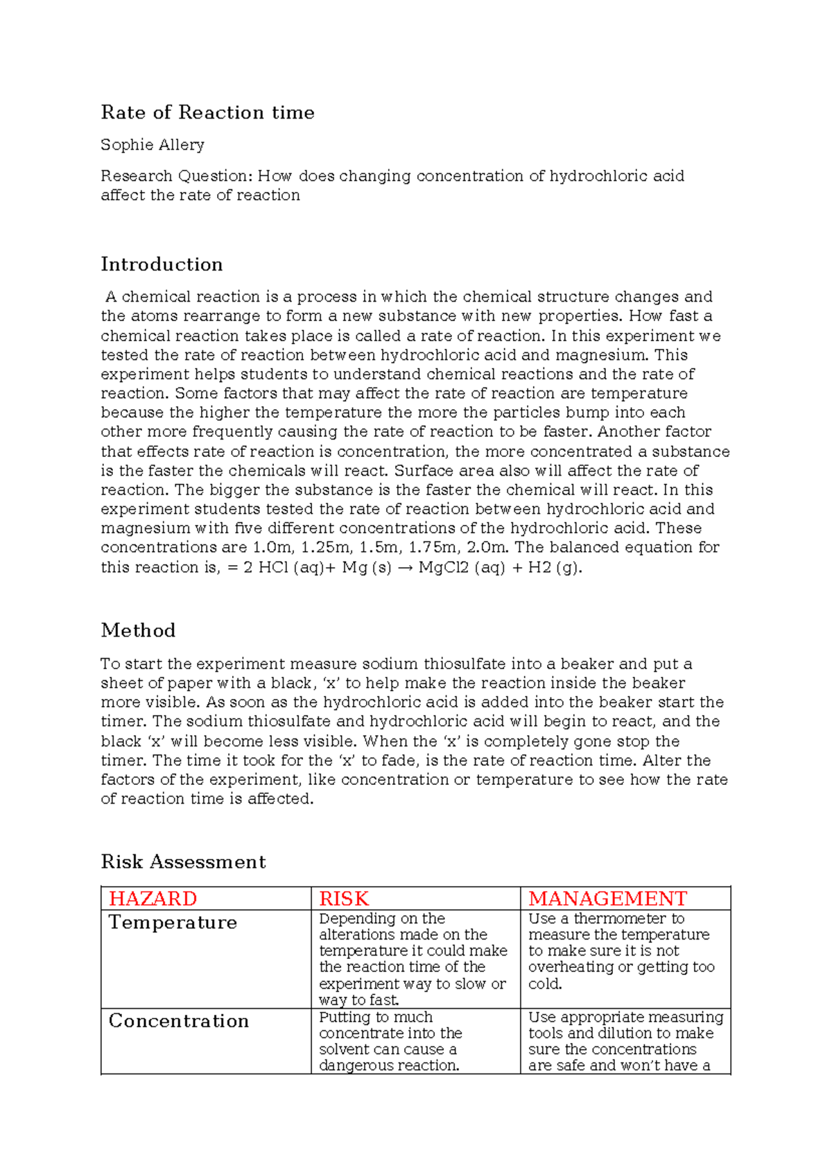 Rate of Reaction Experiment: Effect of HCl Concentration on Reaction ...