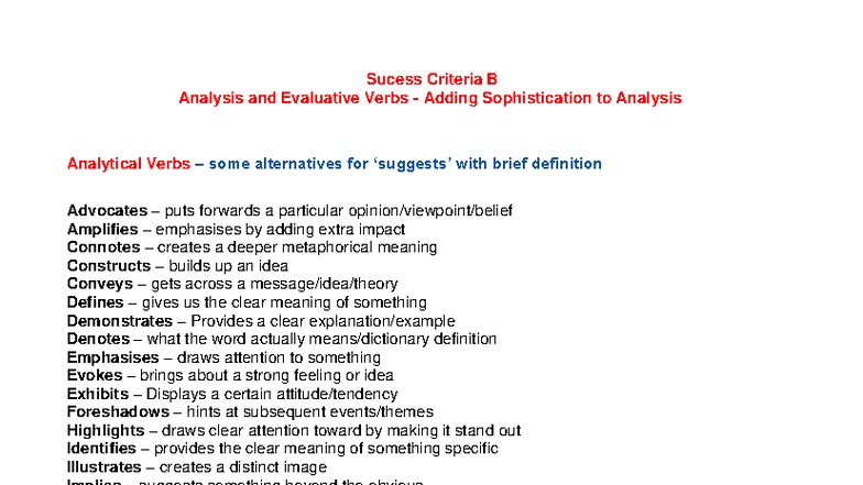 Analytical and Evaluative Verbs: Enhancing Analysis Skills (ENG101 ...