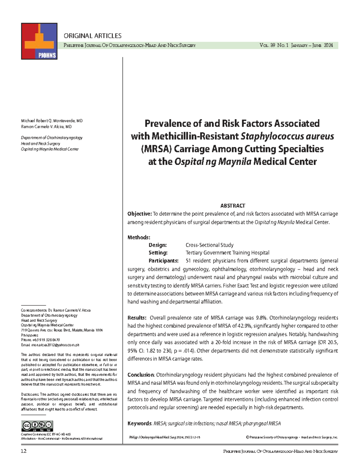 Prevalence and Risk Factors of MRSA Carriage Among Surgical Residents ...
