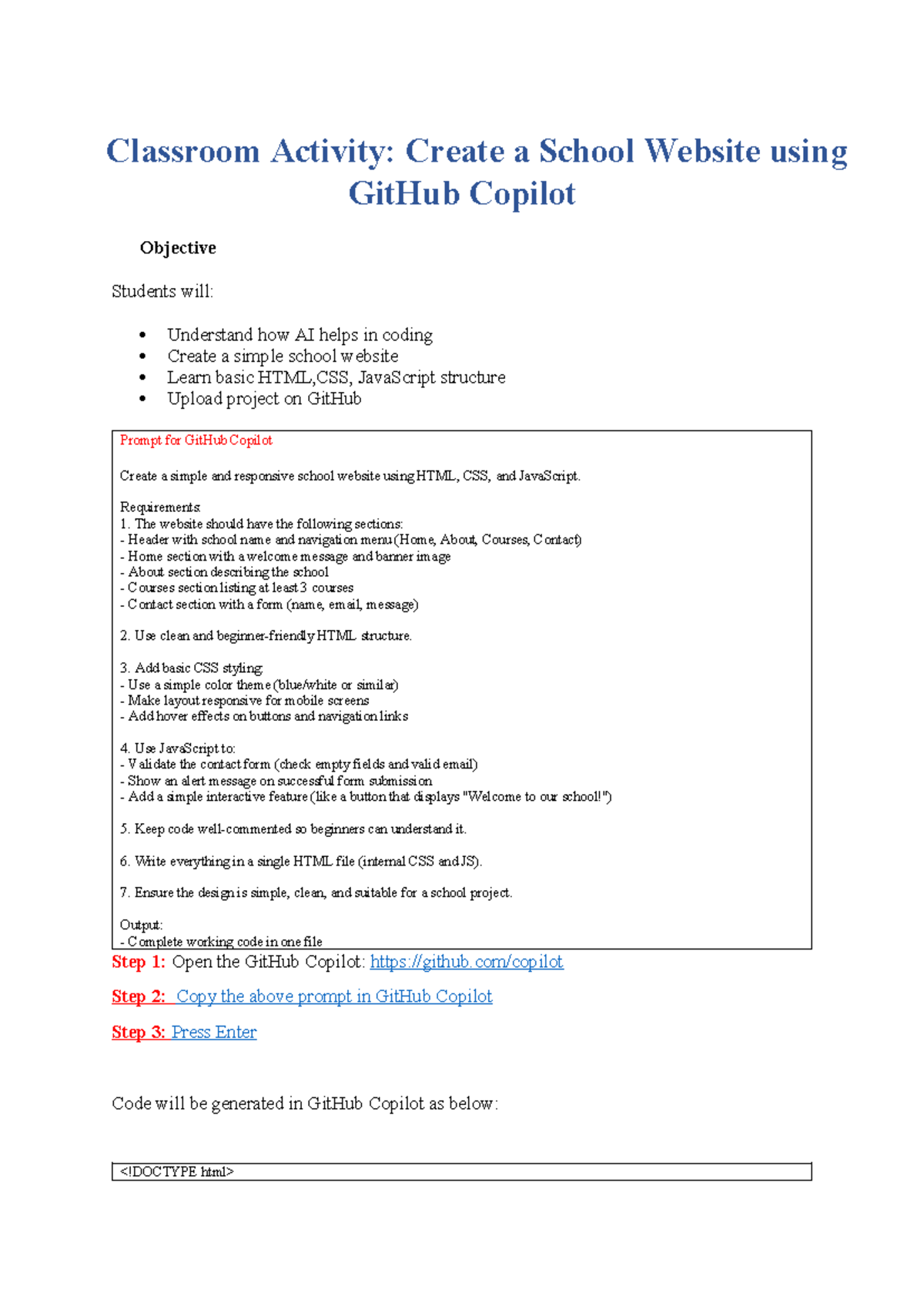 Classroom Activity: Create a School Website with GitHub Copilot - Studocu