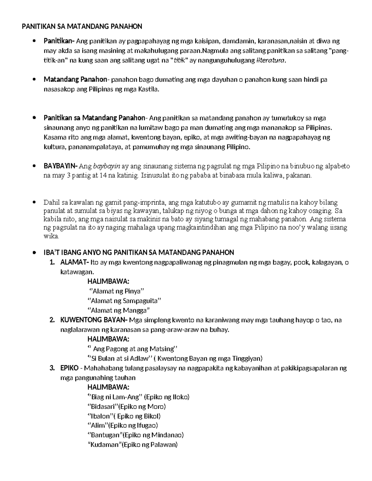 Panitikan SA- Matandang Panahon: Mga Anyong Literatura at Kultura - Studocu