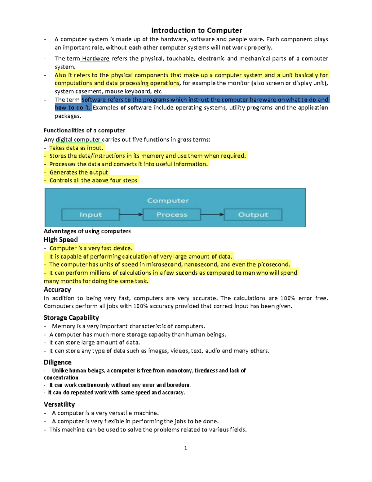 Introduction to Computers - 1 Introduction to Computer A computer system is made up of the ...