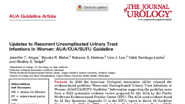 AUA Guideline Update on Recurrent Uncomplicated UTI in Women - Studocu