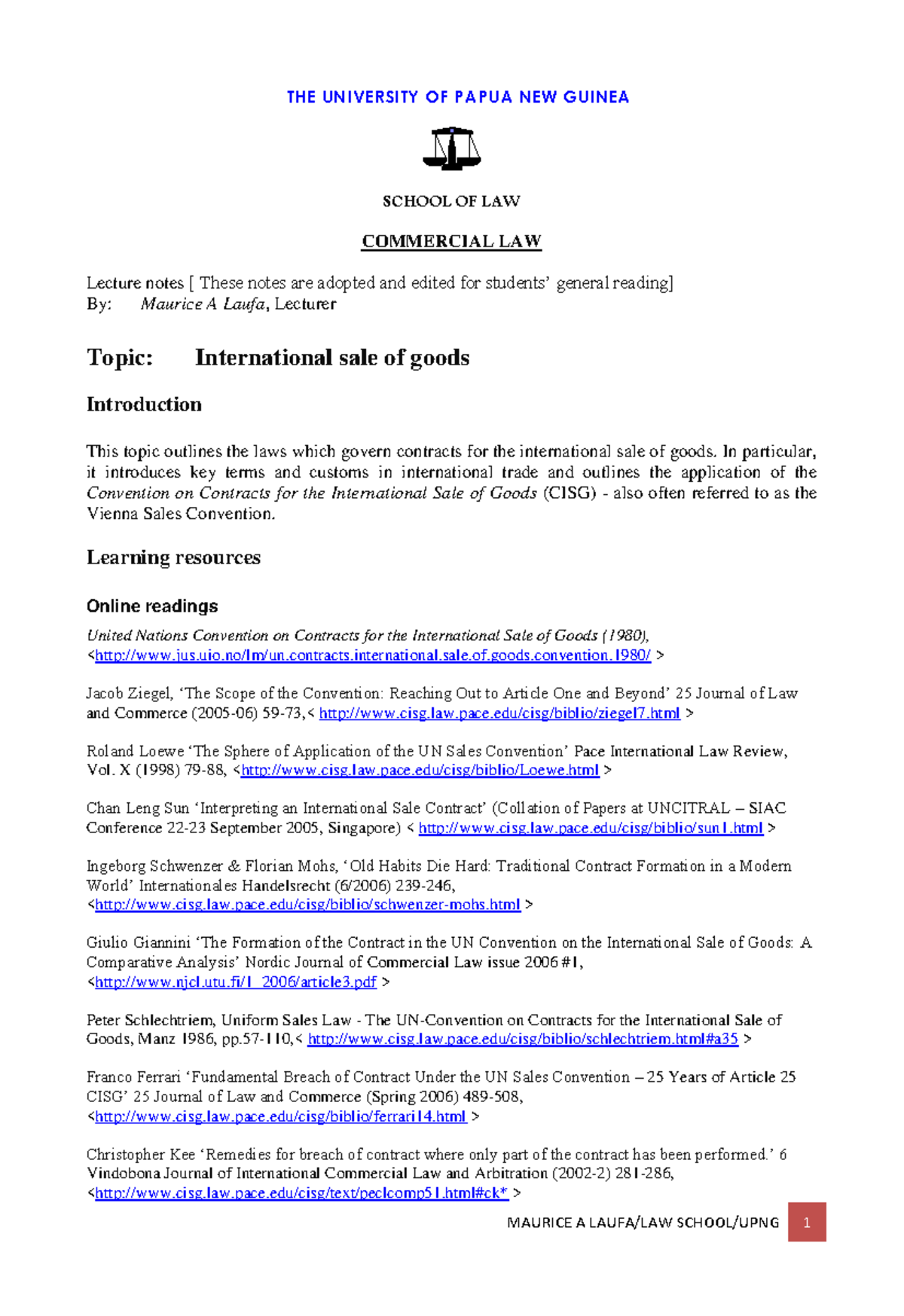 International Sale of Goods Lecture Notes - LAW 092027 - Studocu