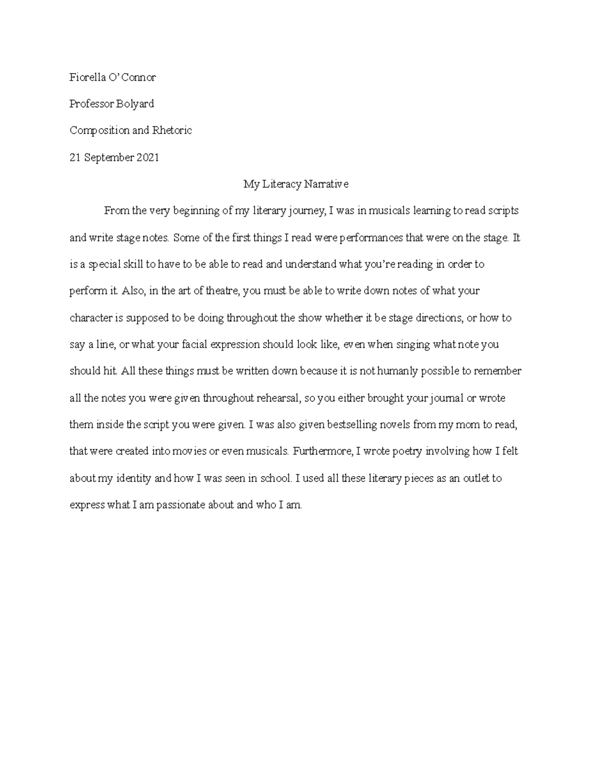 Literacy Narrative First Draft - WRD 103 by Fiorella O’Connor - Studocu