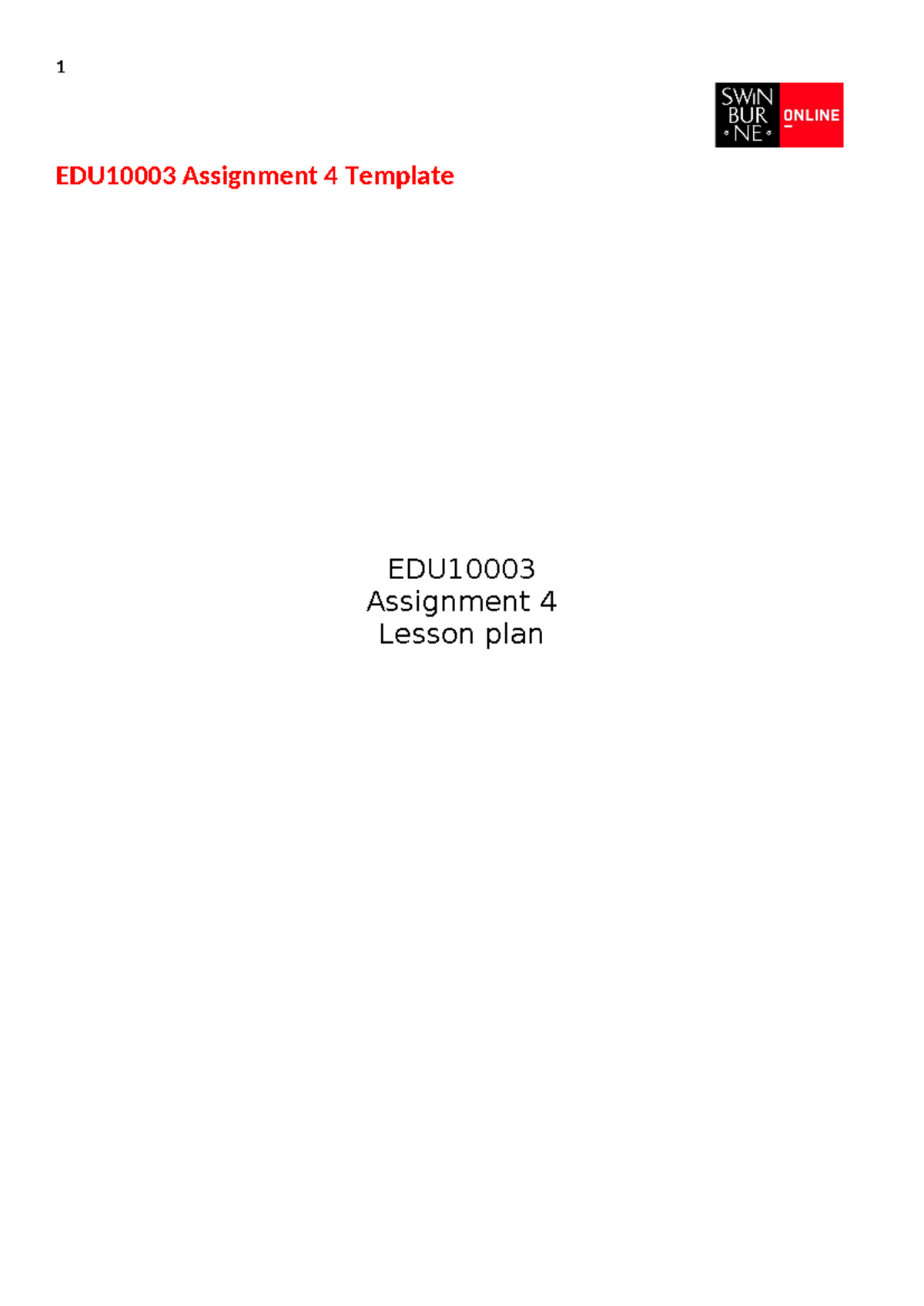 Assignment 4 Lesson plan - EDU10003 Assignment 4 Template EDU ...