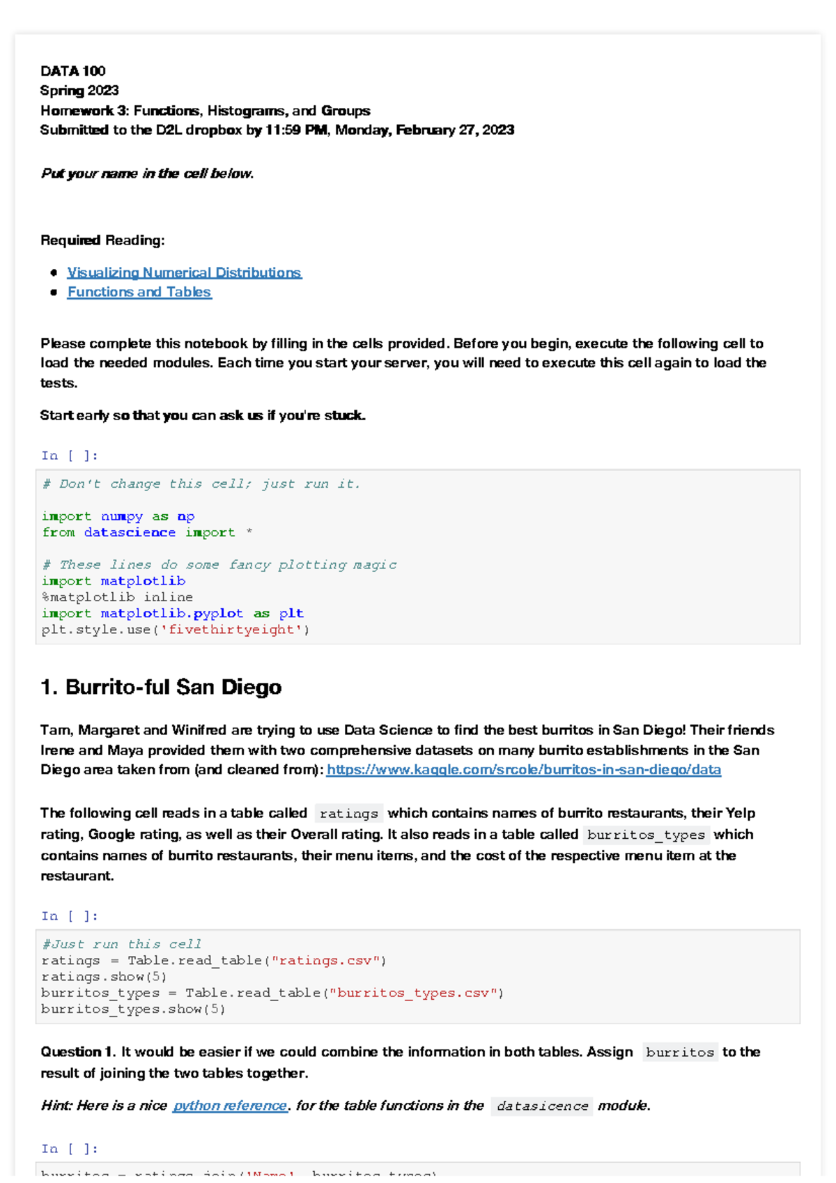 Data 100 Homework Assignment 3 - DATA 100DATA 100 Spring 2023Spring 2023 Homework 3:Homework 3 ...