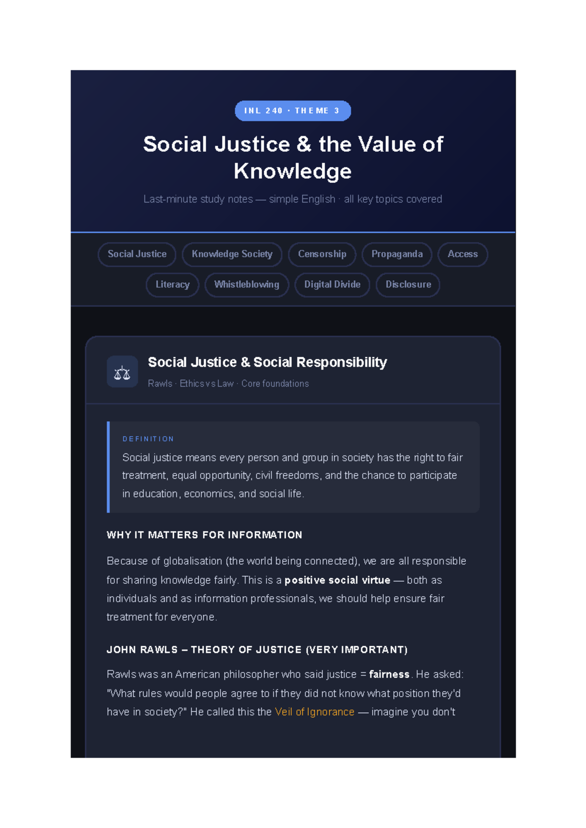 INL 240 Theme 3 Study Notes: Social Justice & Knowledge Access - Studocu