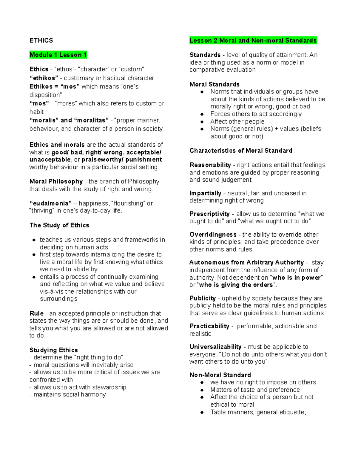 Ethics-reviewer - Midterm Exam Reviewer - ETHICS Module 1 Lesson 1 ...