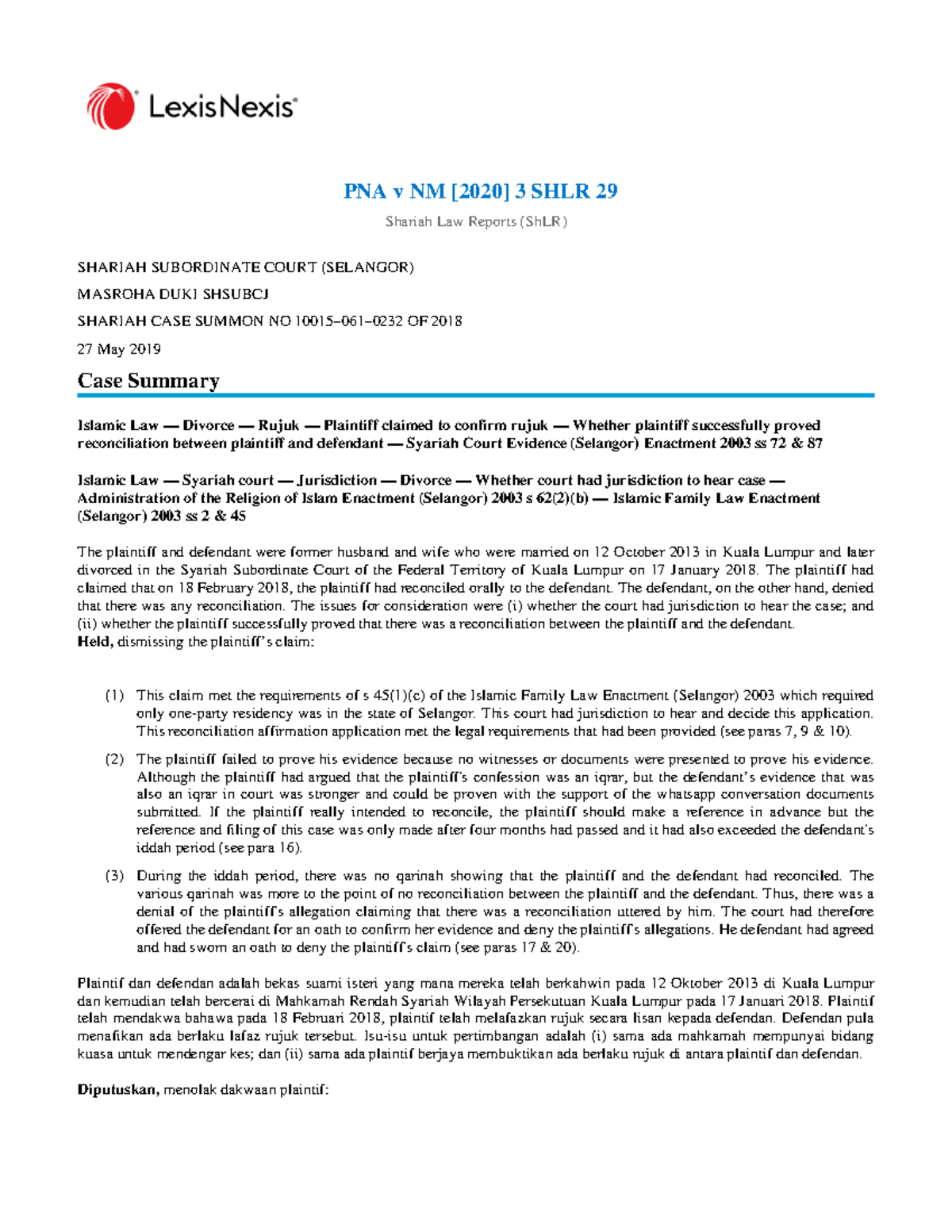 PNA v NM [2020] 3 SHLR 29: Case Summary on Islamic Divorce Rujuk - Studocu