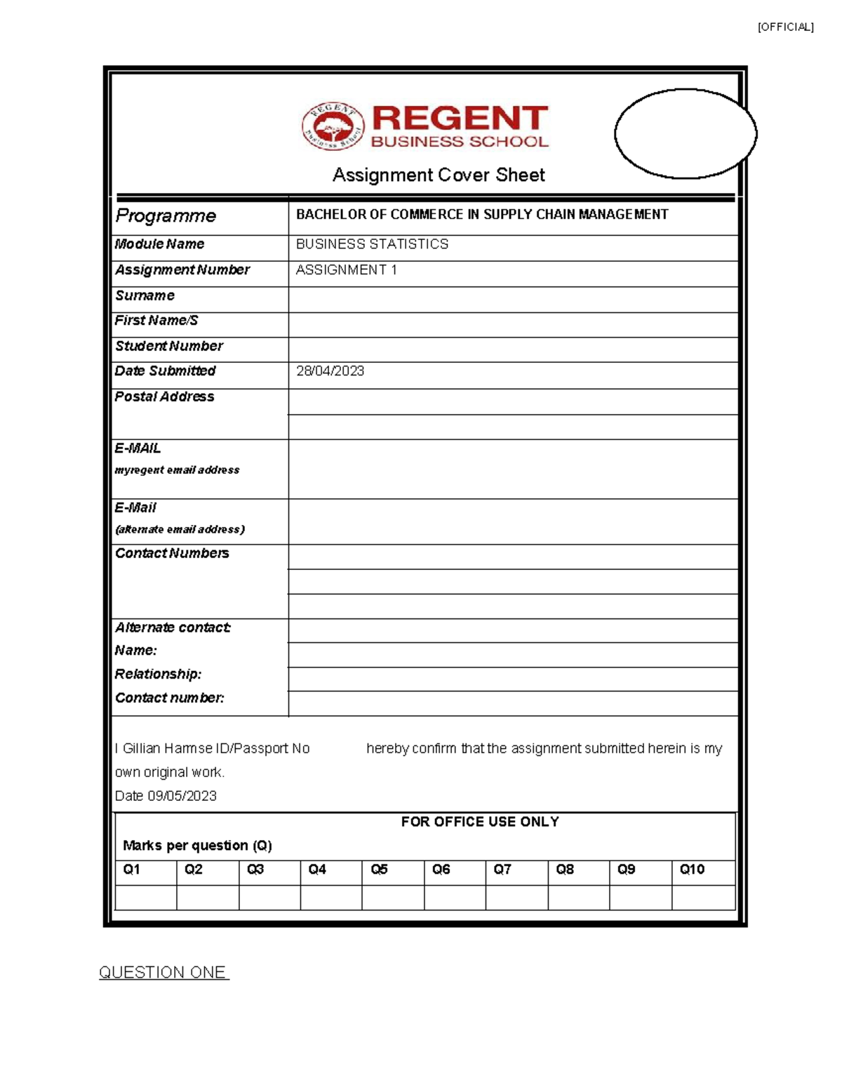 Business Statistics 102 Assignment 1 - Cover Sheet & Analysis - Studocu
