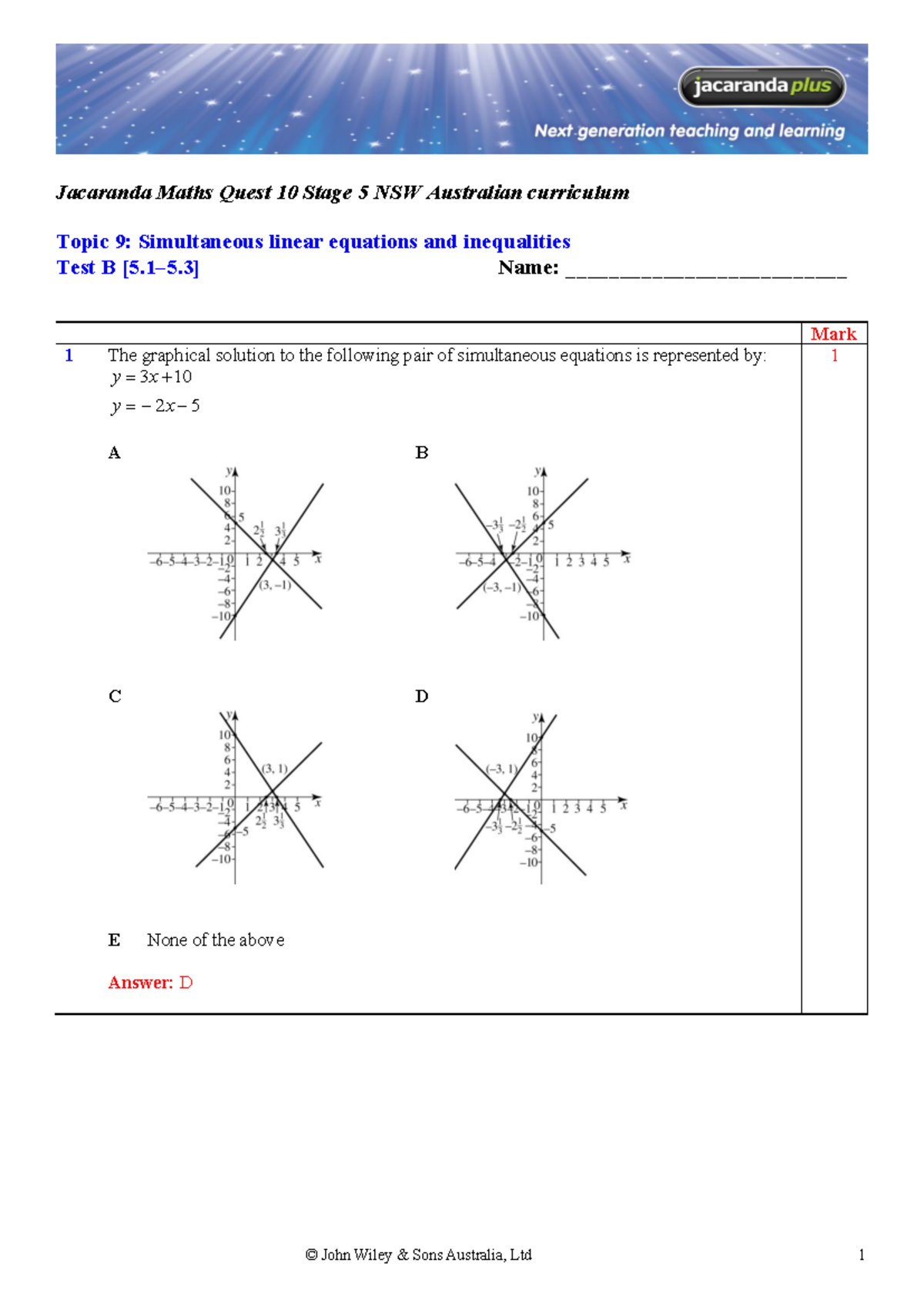 Jacaranda Maths Quest 10 Stage 5 NSW Topic 9: Simultaneous Equations ...