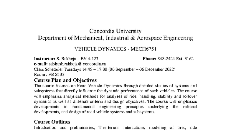 MECH6751 Vehicle Dynamics Course Outline and Objectives - Studocu