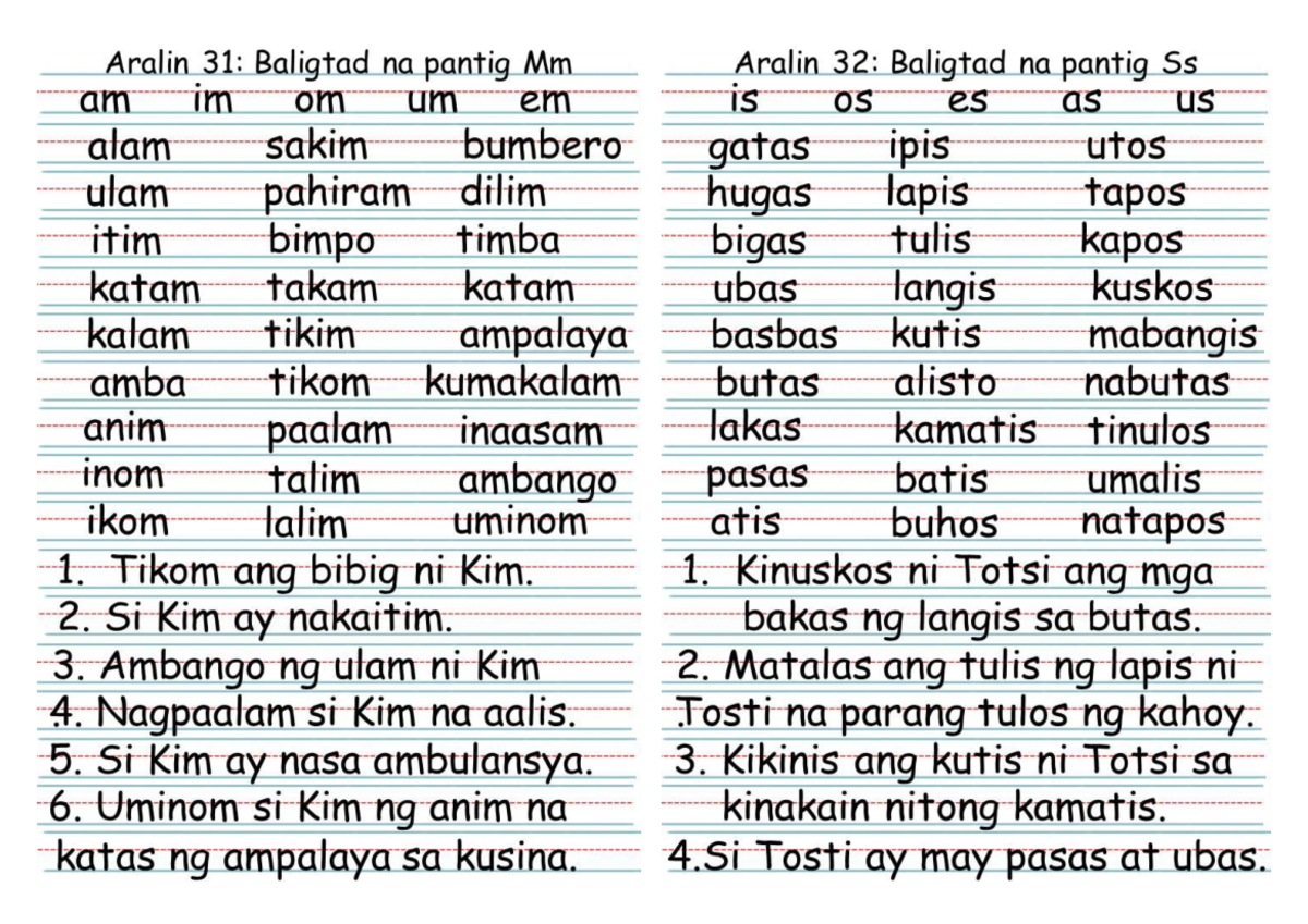 Babasahin sa Filipino: Aralin 1-32 na Pantig - Studocu
