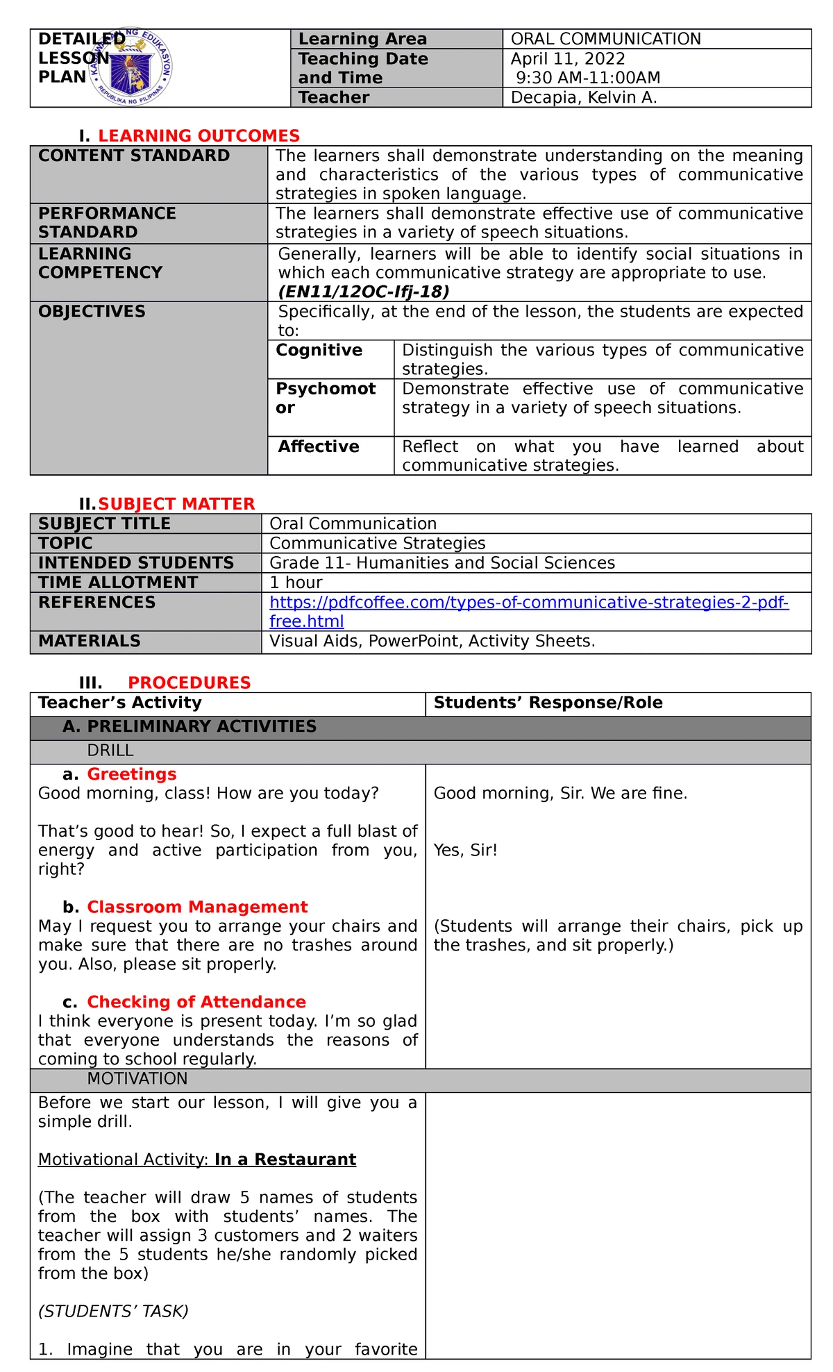 DLP-DEMO-closing remarks - Grades 1 to 12 DAILY LESSON PLAN School Tuao ...