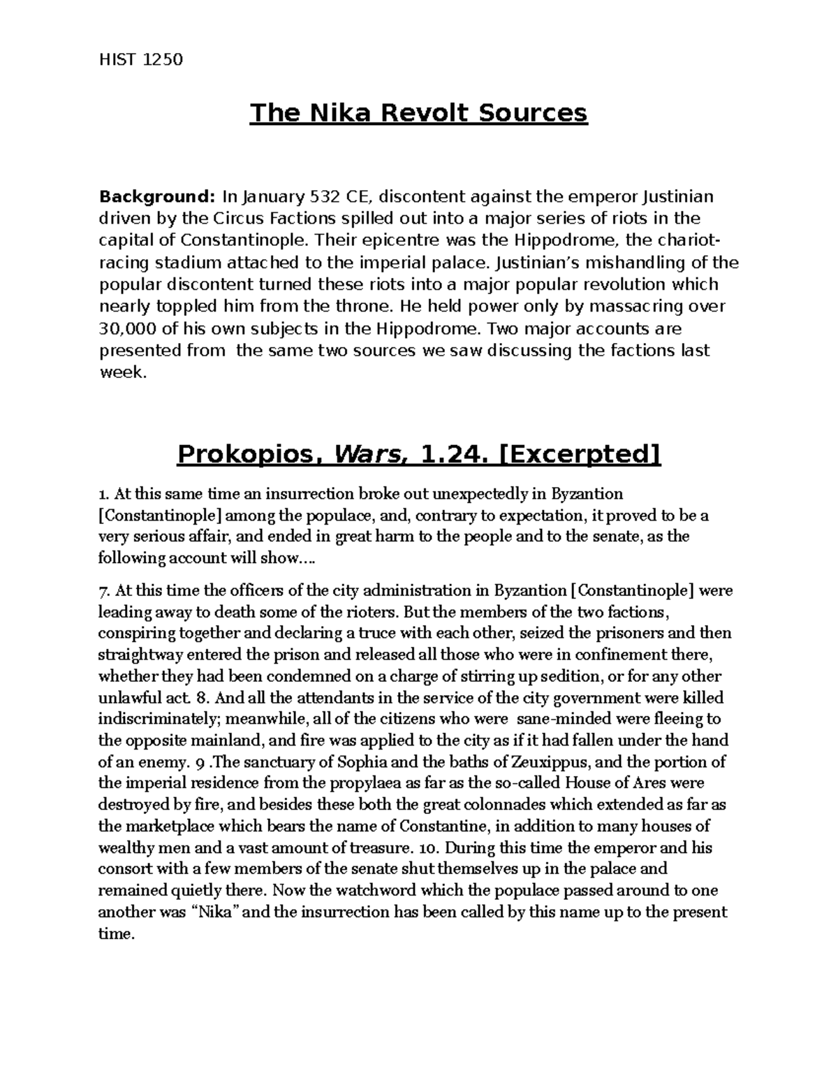 Nika Revolt Analysis - HIST 1250: Examining the 532 CE Uprising - Studocu