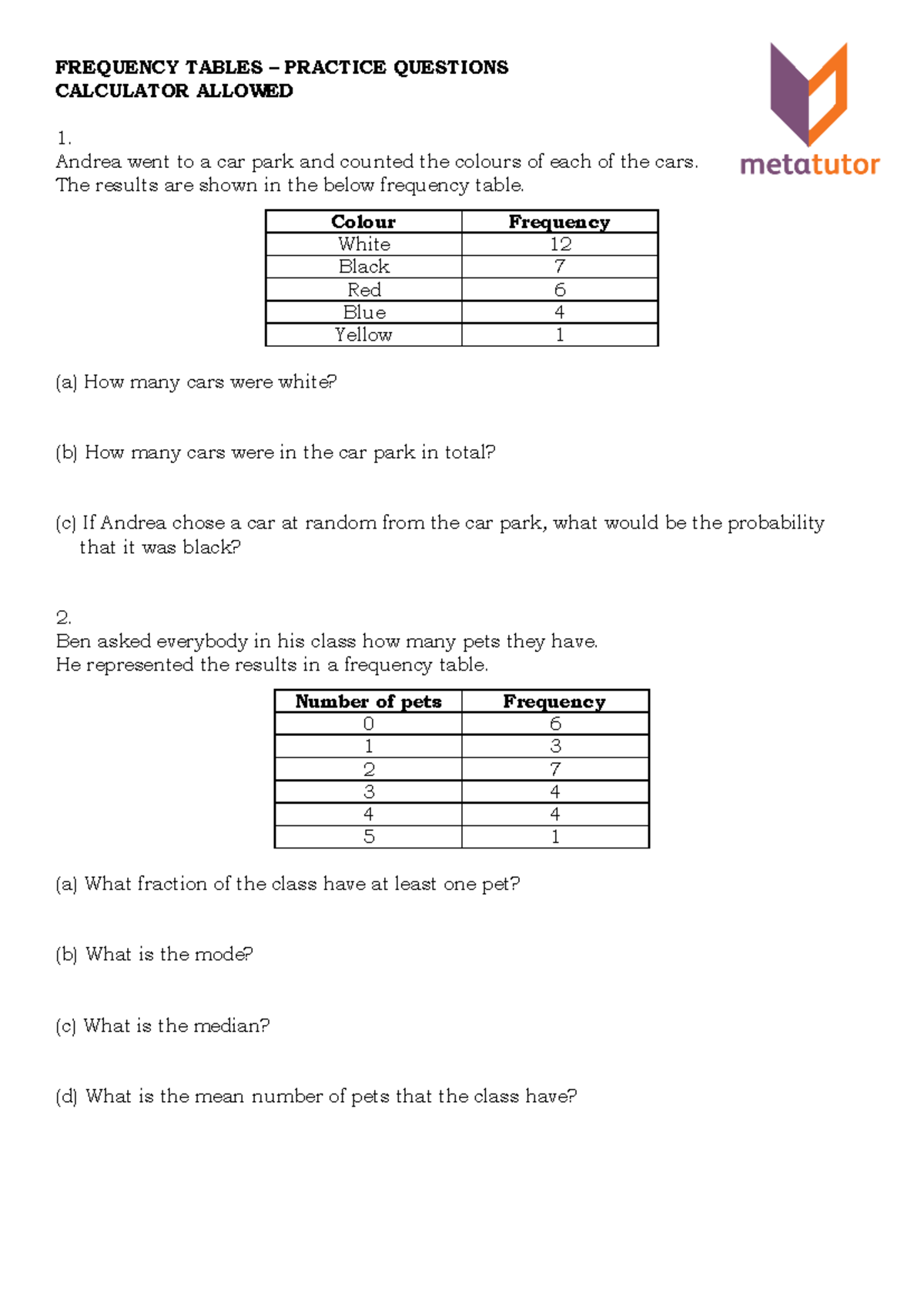 FREQUENCY TABLE WORKSHEET 2: PRACTICE QUESTIONS & SOLUTIONS - Studocu
