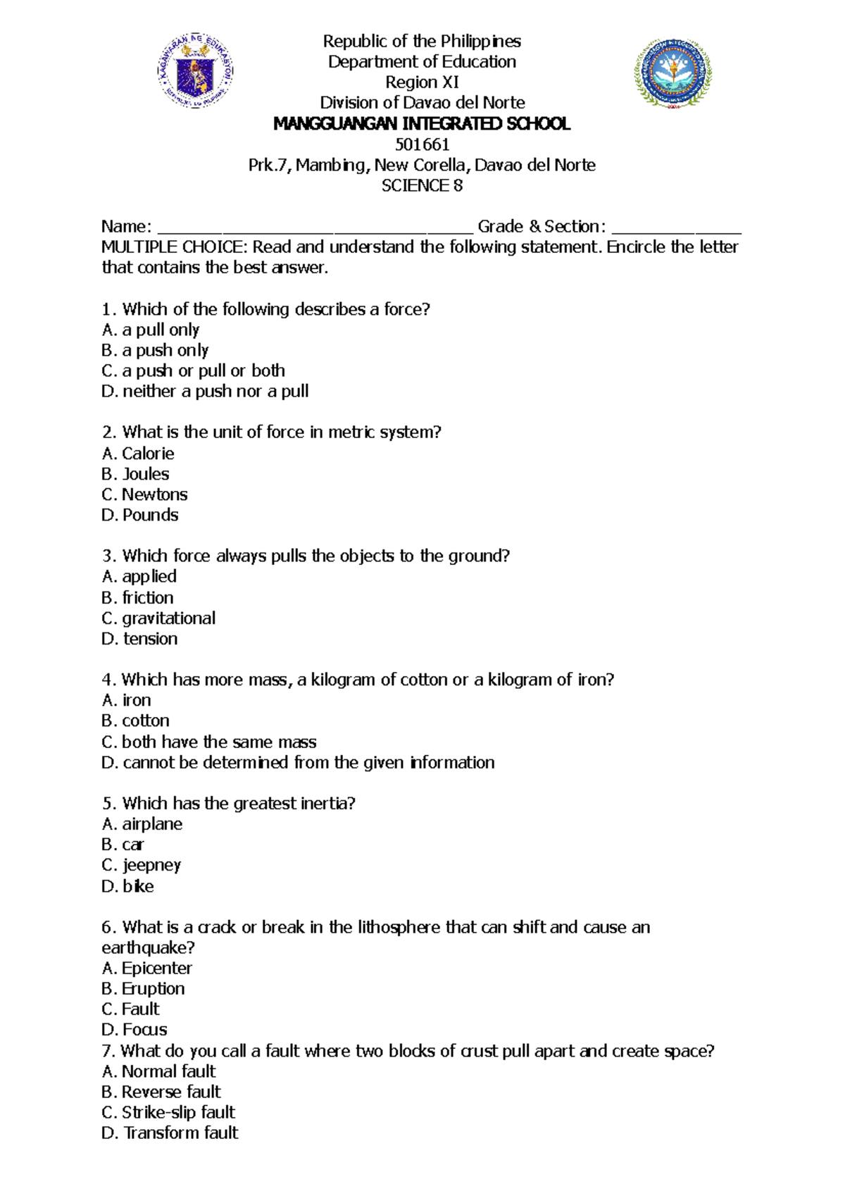 Science 8- Diagnostic TEST - Republic of the Philippines Department of ...