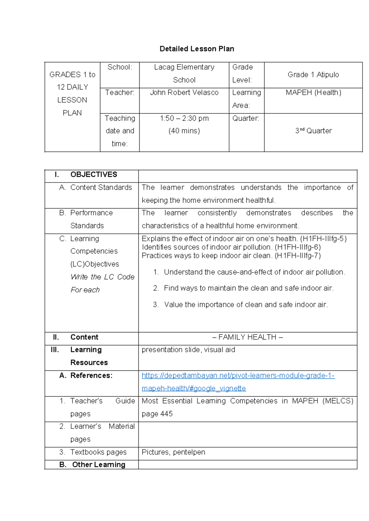 Detailed Lesson Plan in Health (MAPEH) for Grade 1 - 3rd Quarter - Studocu