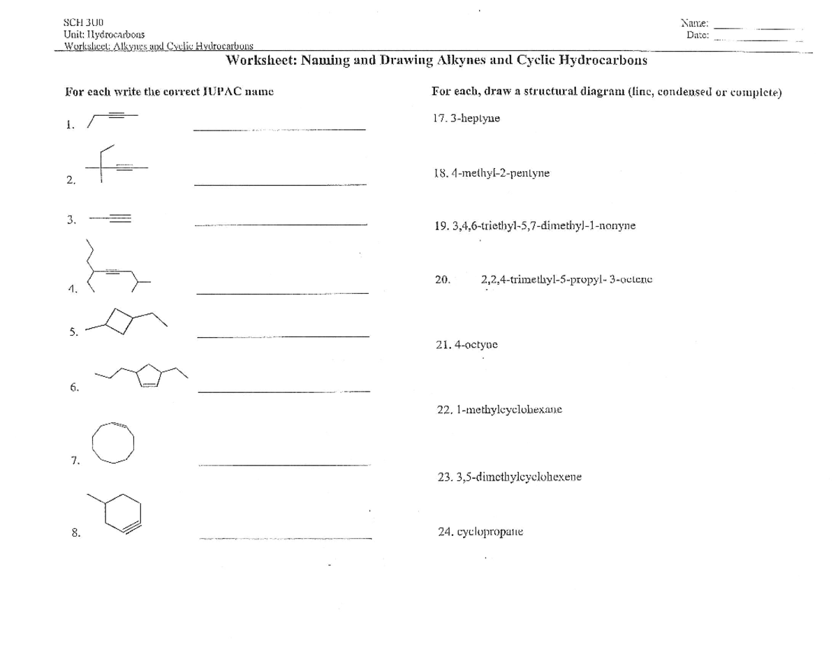 SCH 3U0: Worksheet on Naming and Drawing Alkynes & Cyclic HCs - Studocu