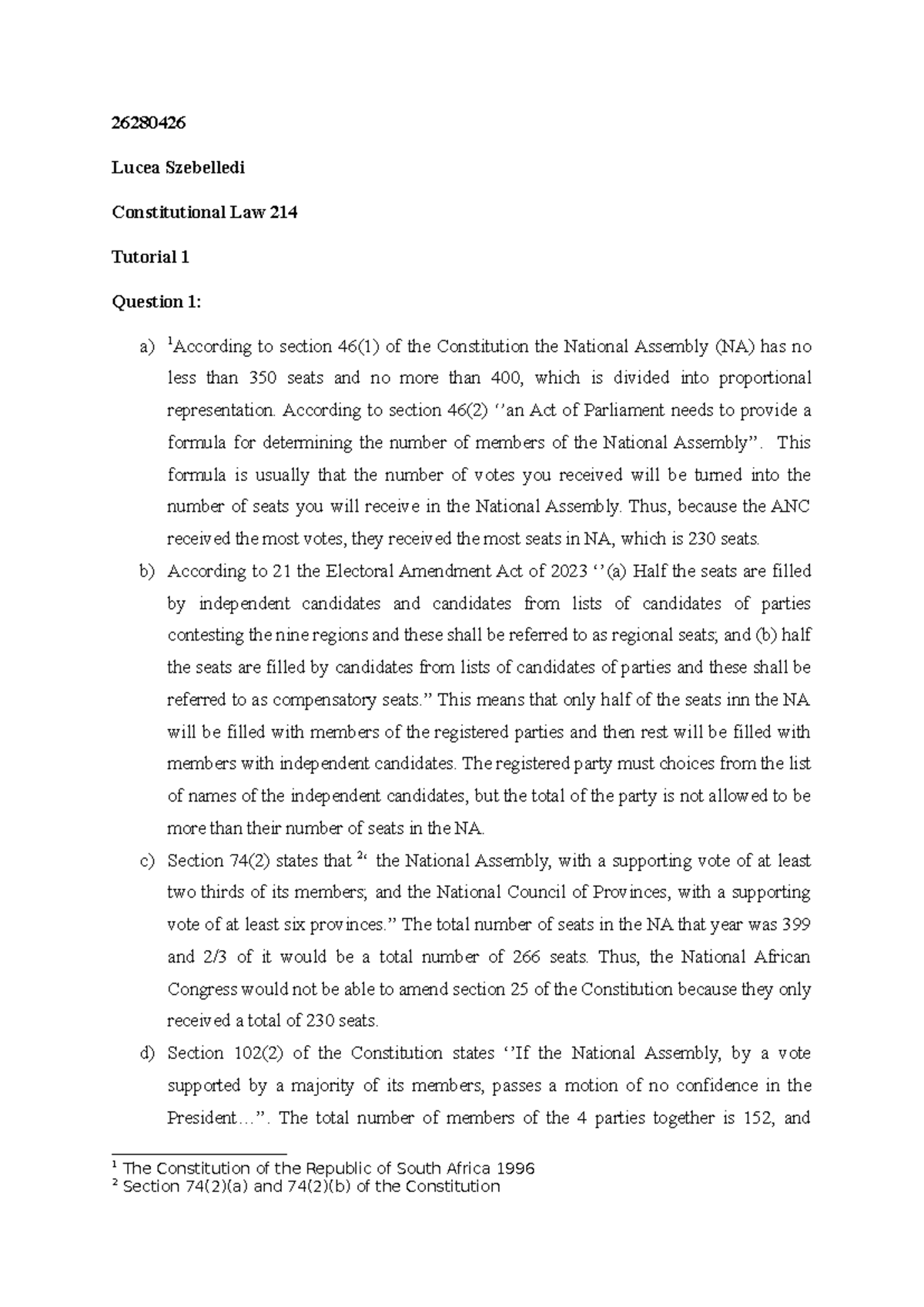 Tutorial 1-2024 - 26280426 Lucea Szebelledi Constitutional Law 214 ...