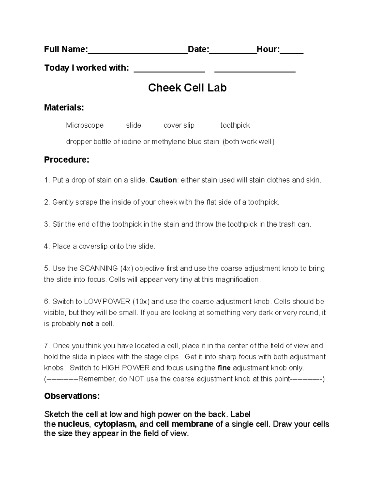 Cheek Cell Lab (BIO101) - Microscope Procedure & Observations - Studocu
