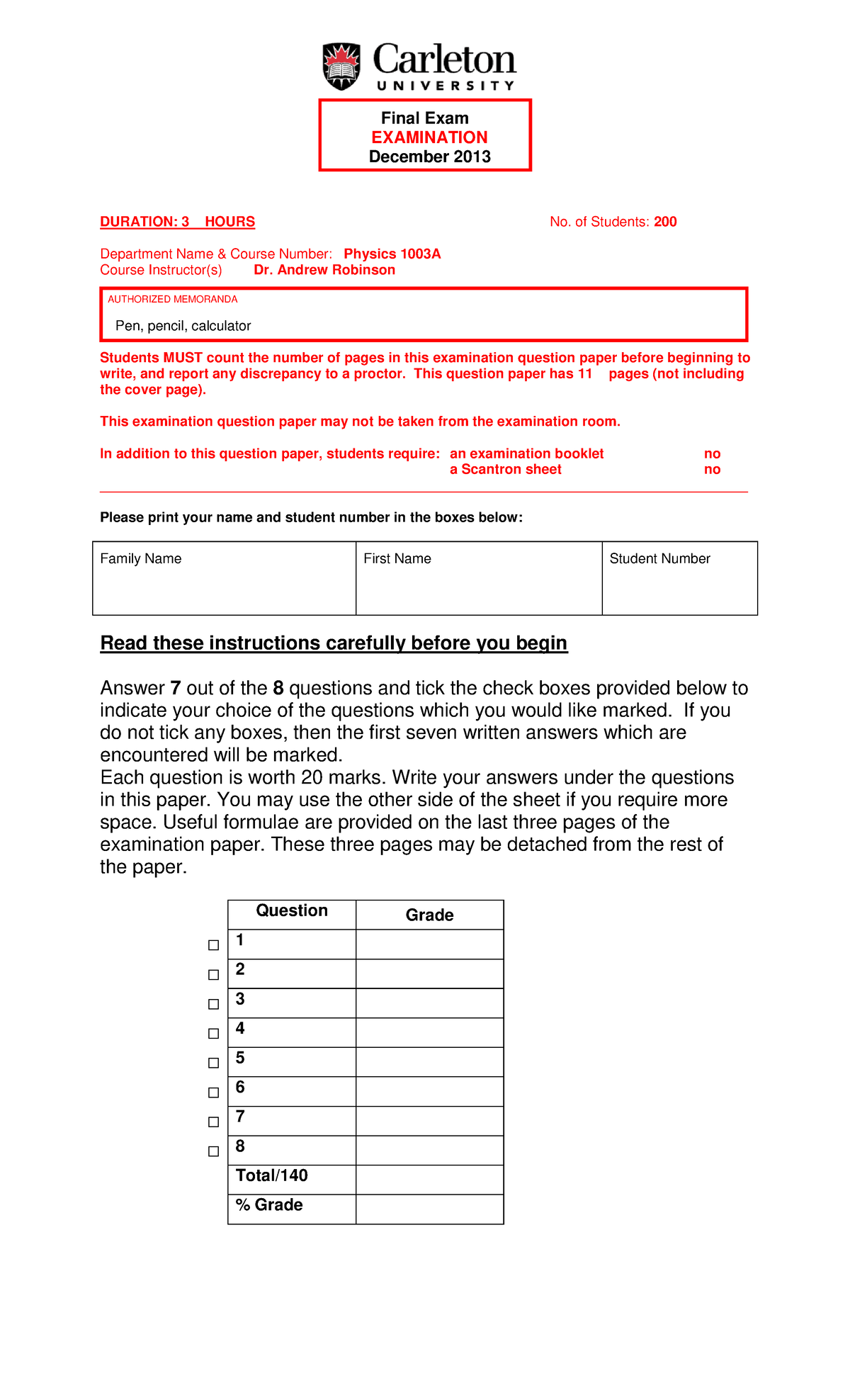 Final Exam Physics 1003A December 2013 - Exam Paper & Instructions ...