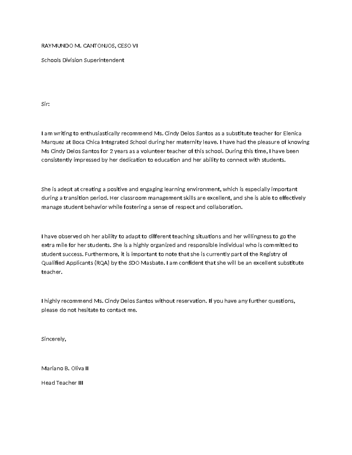 Recommendation Letter for Substitute Teacher Position - Studocu
