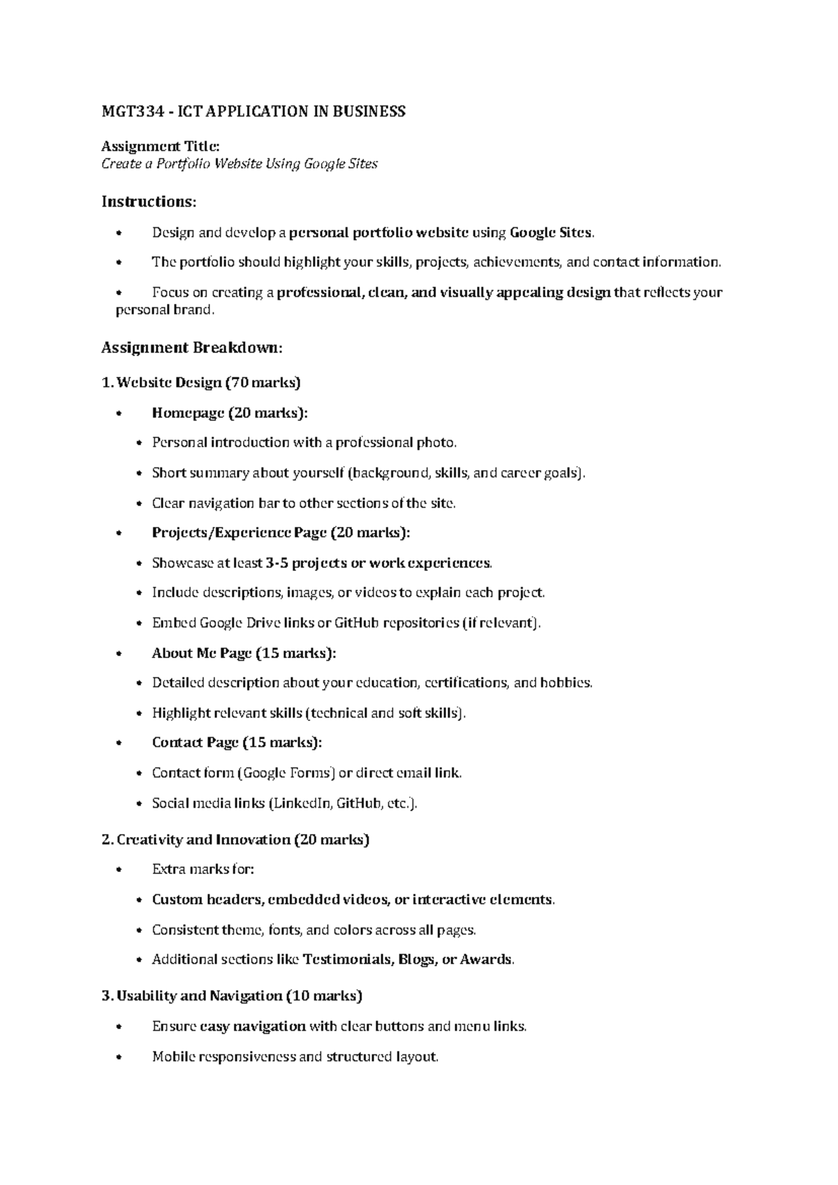MGT334 - Portfolio Website Creation Using Google Sites Assignment - Studocu