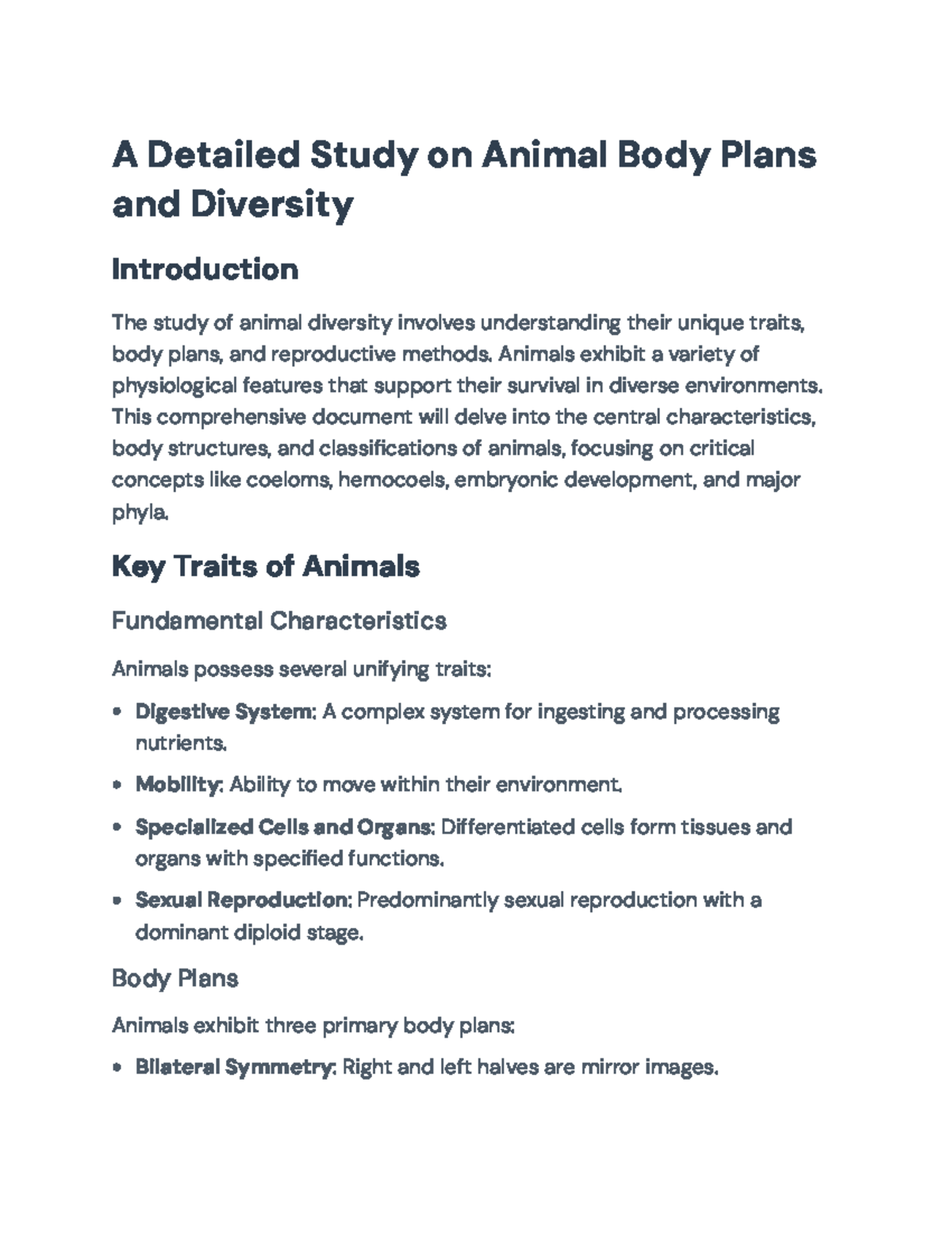 A Detailed Study of Animal Body Plans and Diversity (BIOL 101) - A ...