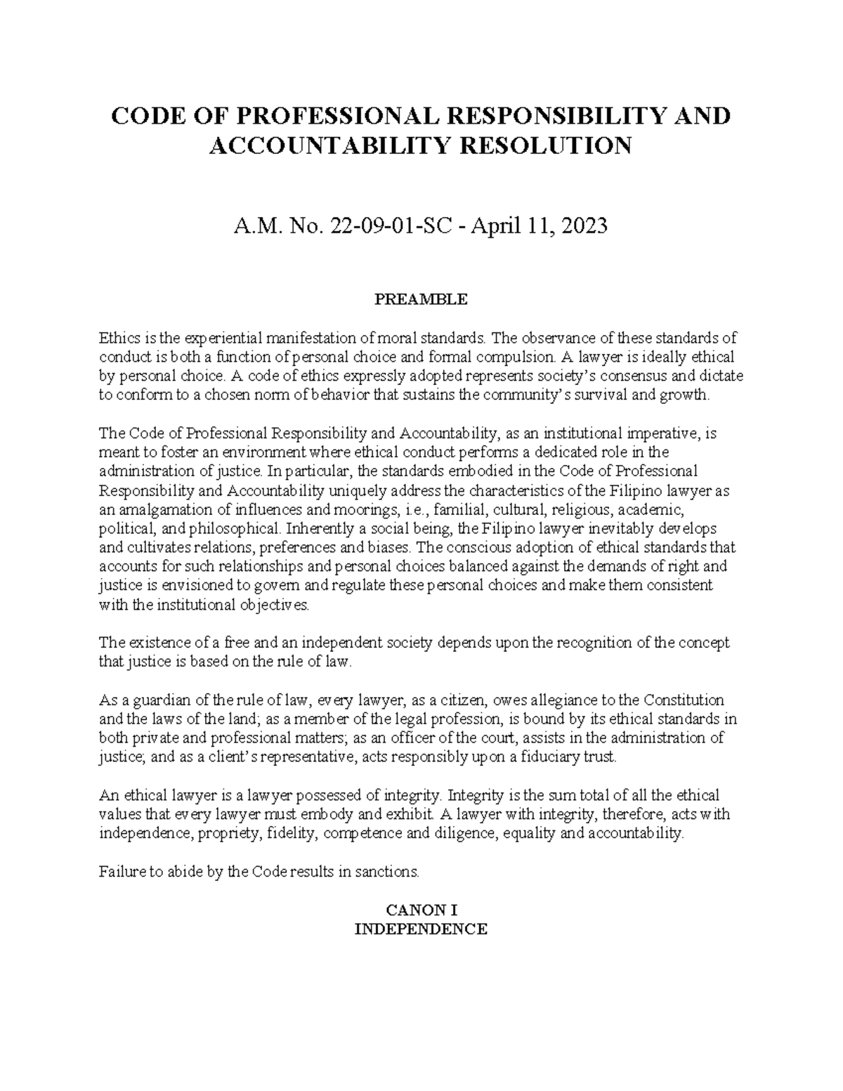 CPRA 22-09-01-SC: Code of Professional Responsibility & Accountability ...