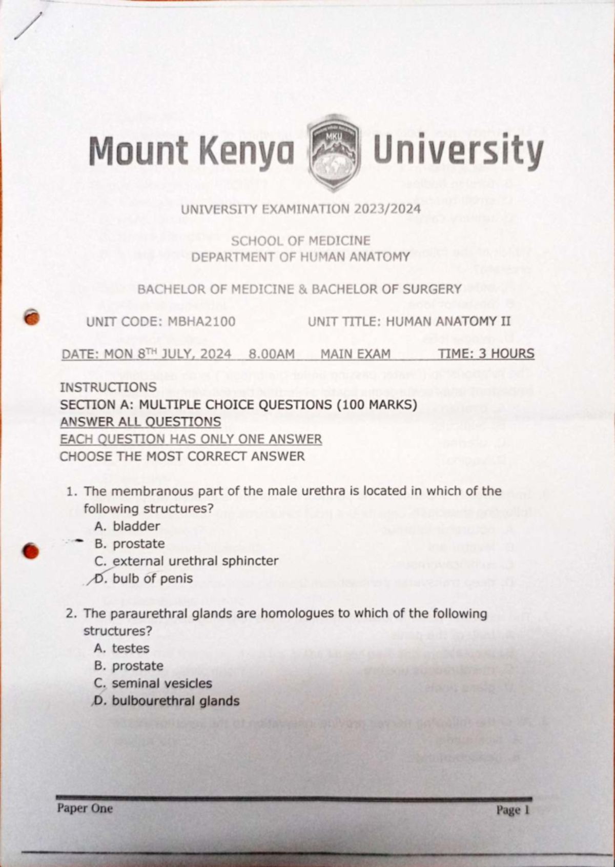 Human Anatomy II (MBHA2100) - End of Year Exam 2023 - Studocu