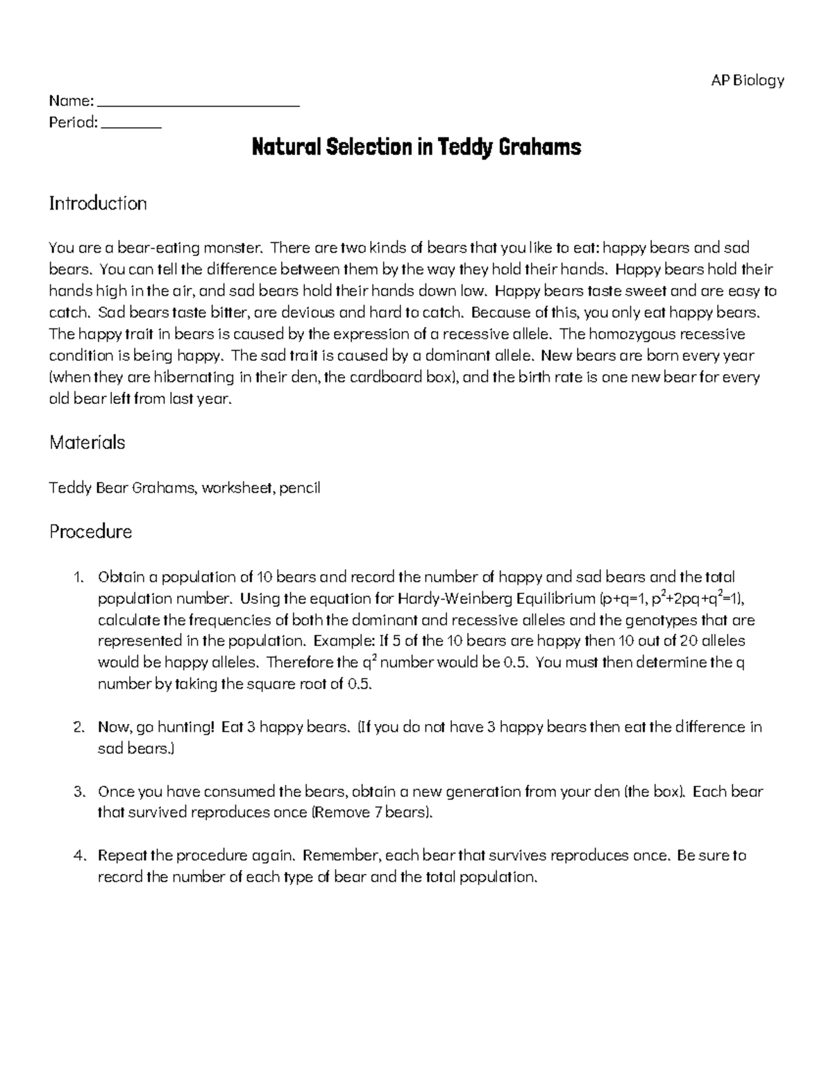 AP Biology: Natural Selection in Teddy Grahams Activity - Studocu