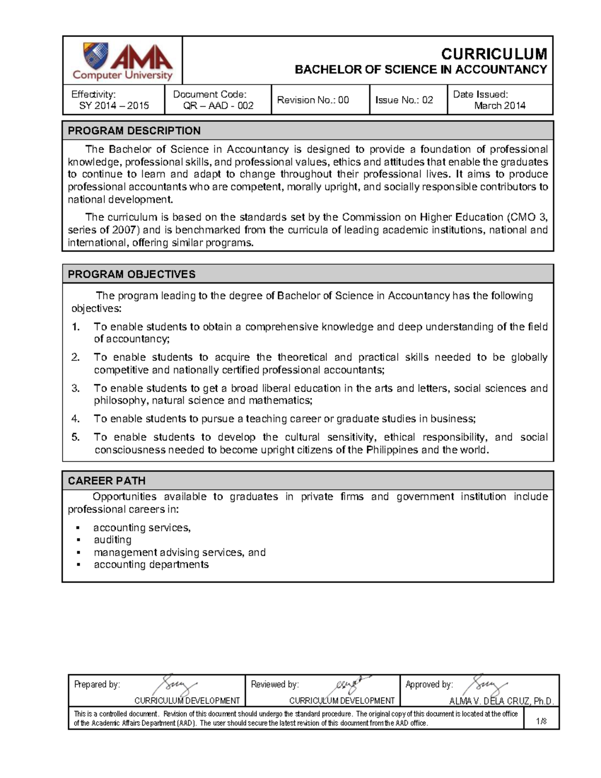 BSA Curriculum Overview: Bachelor of Science in Accountancy (SY 2014 ...